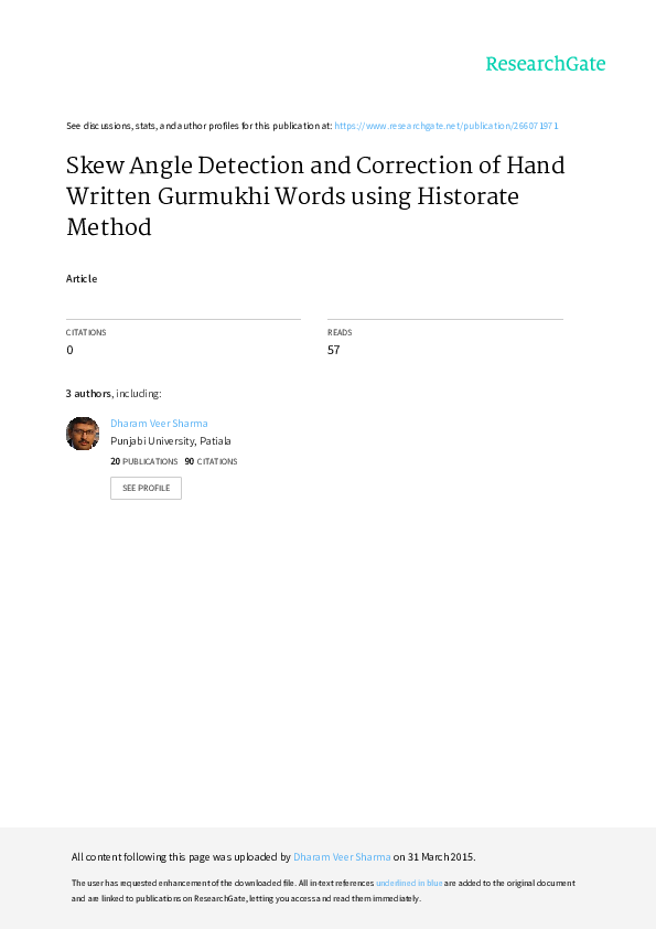 Pdf Skew Angle Detection And Correction Of Hand Written Gurmukhi Words Using Historate Method