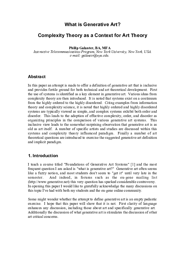 (PDF) What is generative art? Complexity theory as a context for art theory