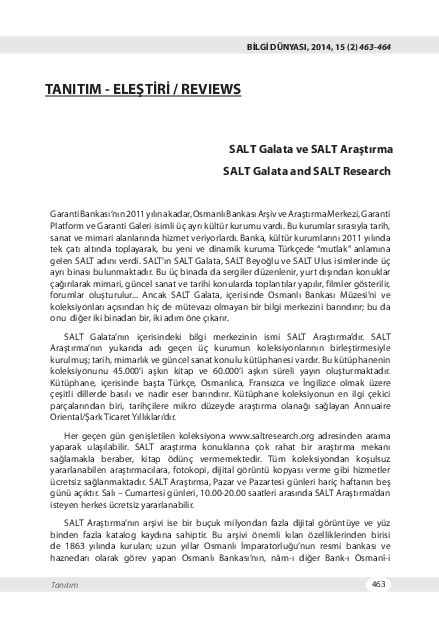 (PDF) SALT Galata ve SALT Araştırma SALT Galata and SALT Research