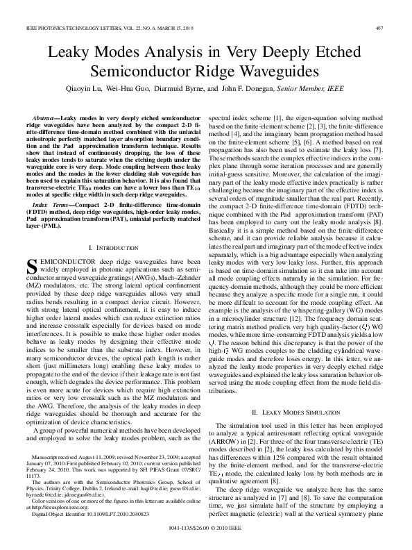 (PDF) Leaky Modes Analysis in Very Deeply Etched Semiconductor Ridge Waveguides | Diarmuid Byrne ...