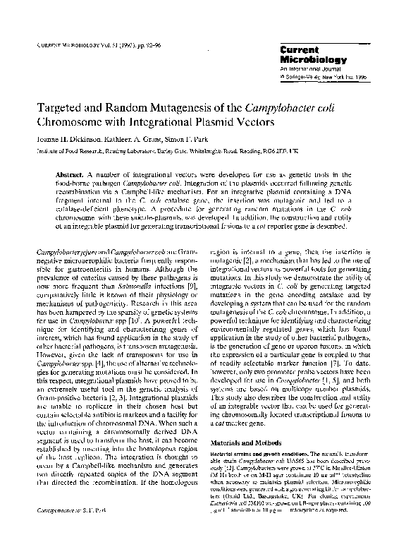 (PDF) Targeted and Random Mutagenesis of the Campylobacter Coli Chromosome With Integrational ...