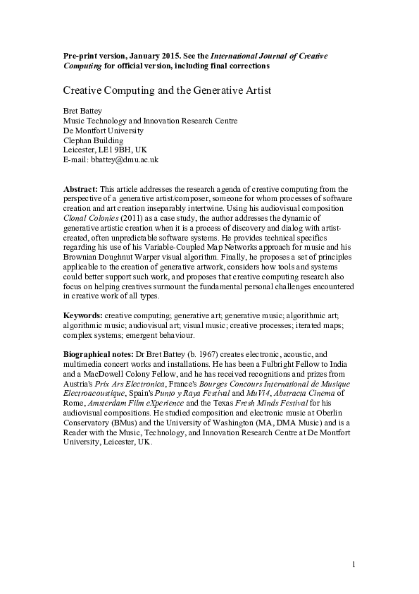 (PDF) Creative Computing and the Generative Artist