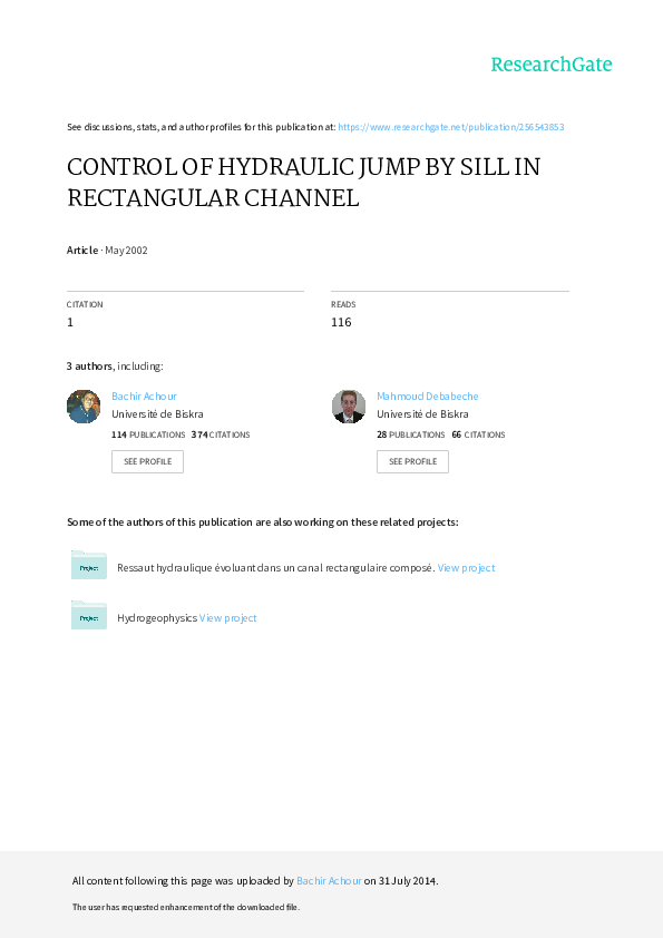 (PDF) Control of Hydraulic Jump by Sill in Rectangular Channel