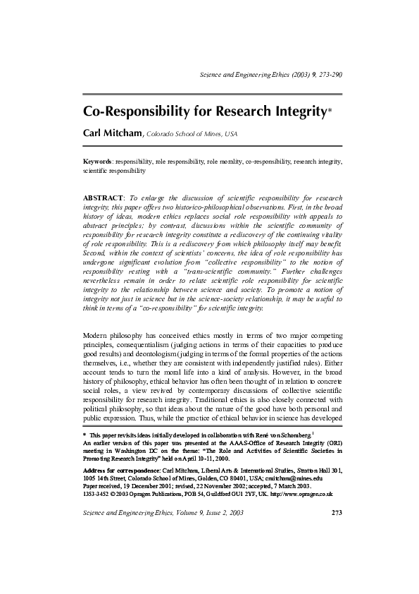 (PDF) Co-Responsibility for Research Integrity