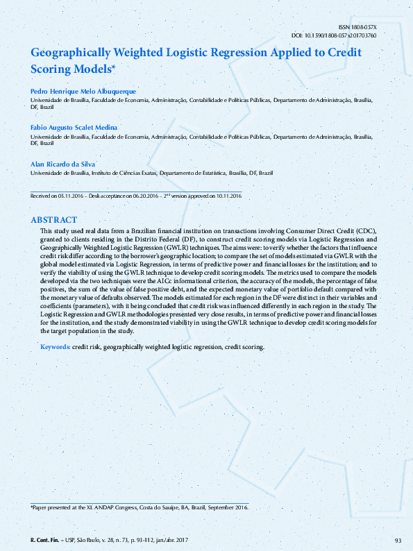 (PDF) Geographically Weighted Logistic Regression Applied to Credit Scoring Models