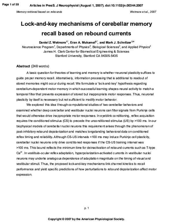 (PDF) Lock-and-key mechanisms of cerebellar memory recall based on ...