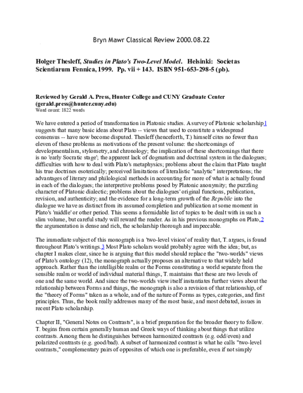(DOC) Studies in Plato's Two-Level Model, by Holger Thesleff (2000)