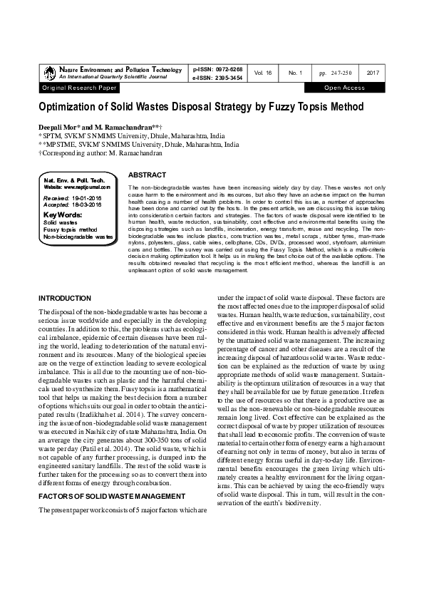 (PDF) Optimization of Solid Wastes Disposal Strategy by Fuzzy Topsis Method