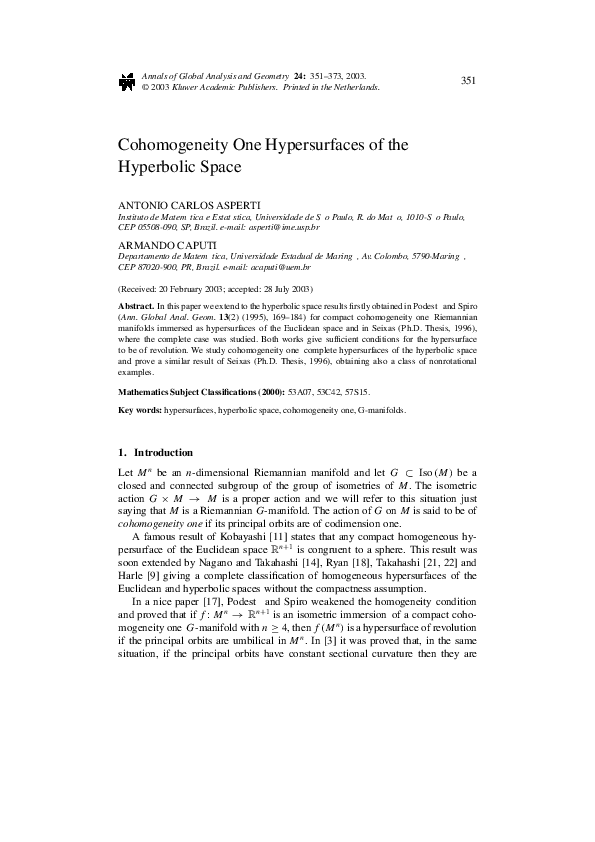(PDF) Cohomogeneity one hypersurfaces of the hyperbolic space