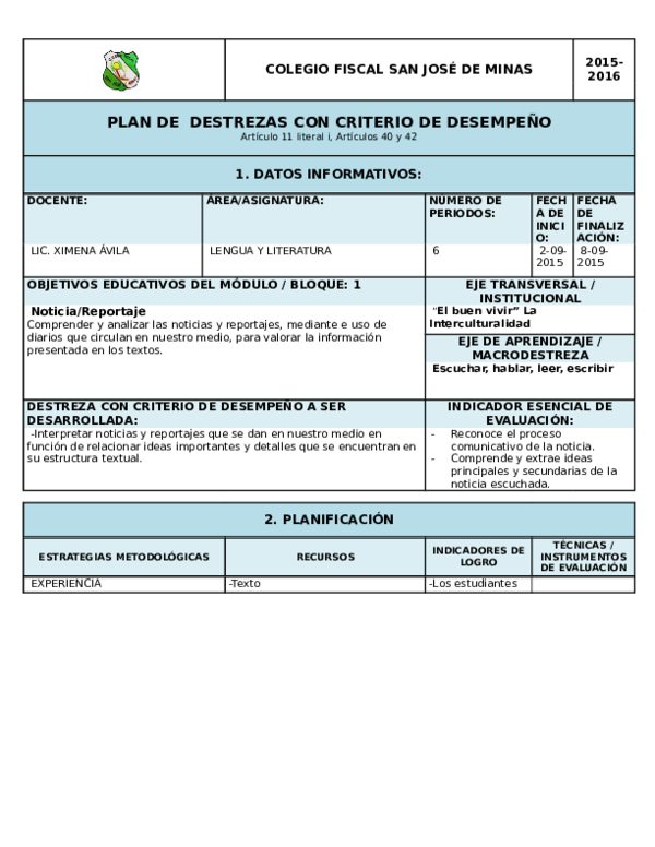 (DOC) PLAN DE DESTREZAS CON CRITERIO DE DESEMPEÑO