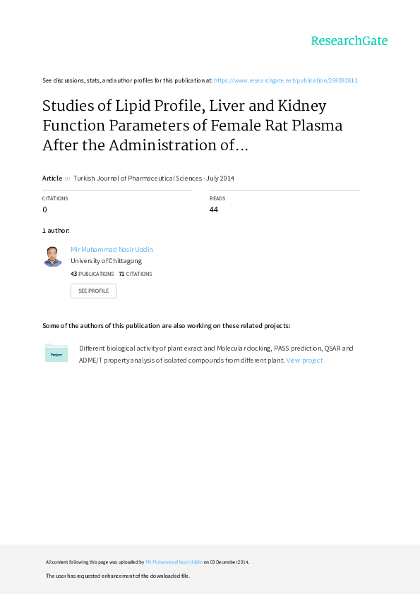 (PDF) Studies of Lipid Profile, Liver and Kidney Function Parameters of ...