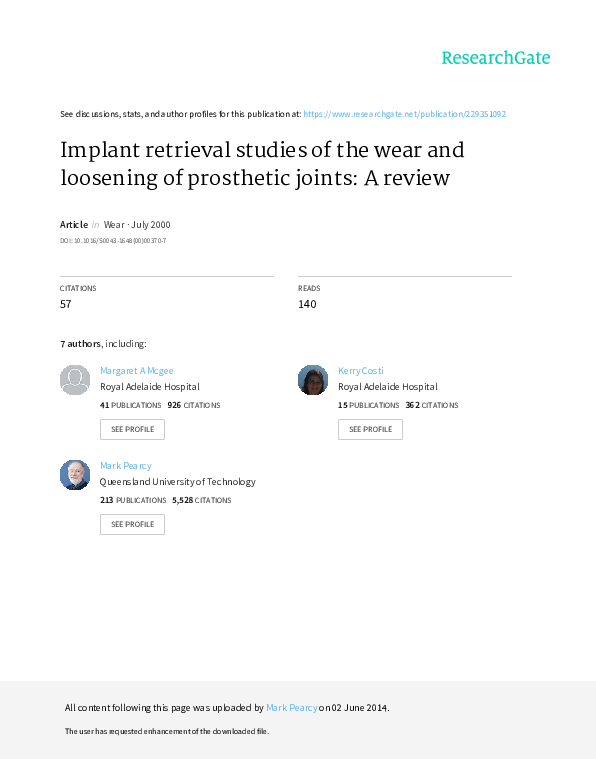 (PDF) Implant retrieval studies of the wear and loosening of prosthetic ...