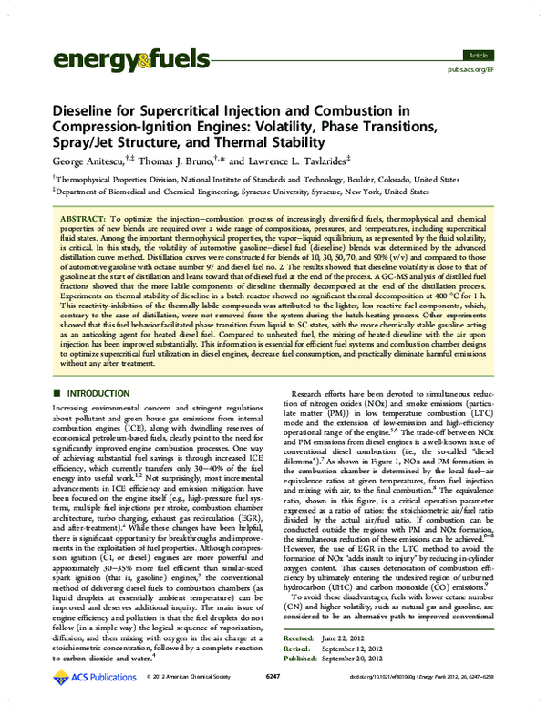 Pdf Dieseline For Supercritical Injection And Combustion In Compression Ignition Engines