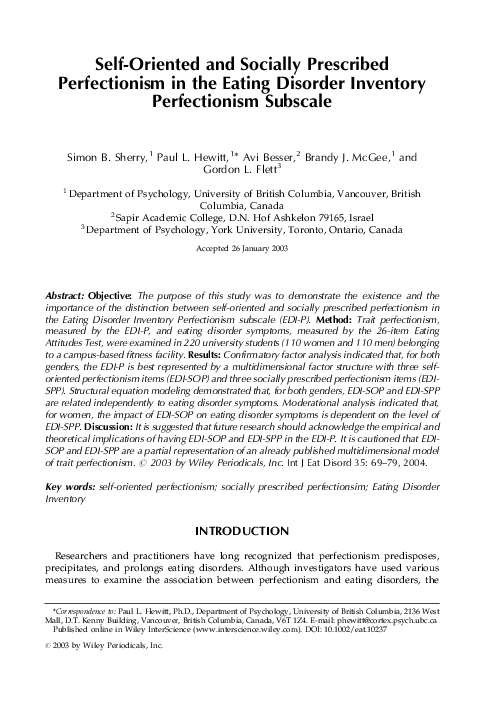 (PDF) Self-oriented and socially prescribed perfectionism in the Eating ...