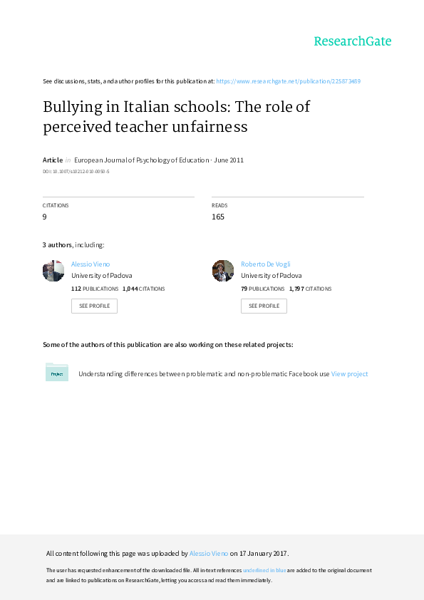 (PDF) Bullying in Italian schools: the role of perceived teacher unfairness