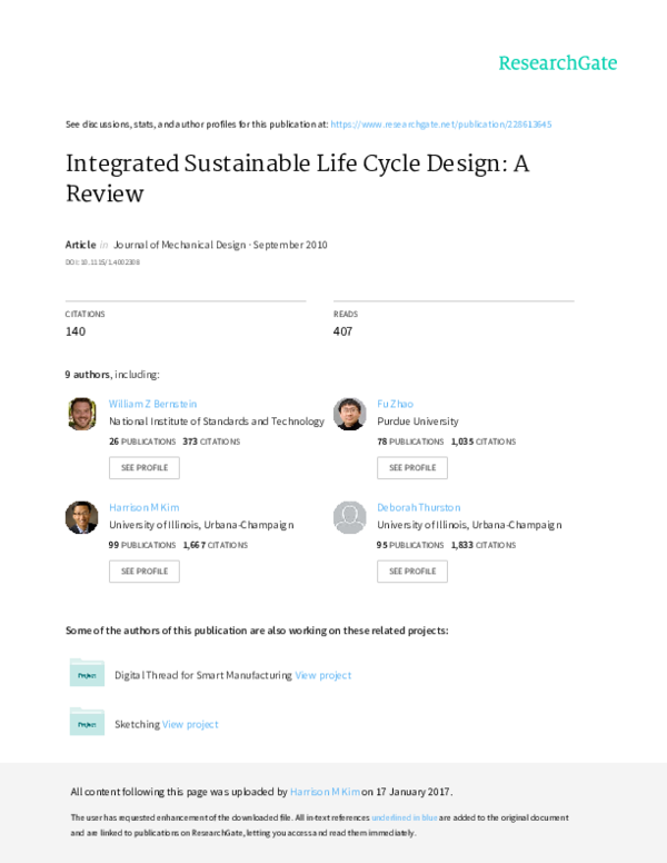 (PDF) Integrated Sustainable Life Cycle Design: A Review