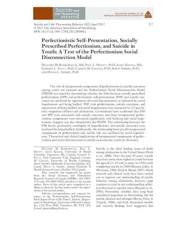 (PDF) Perfectionistic self-presentation, socially prescribed ...
