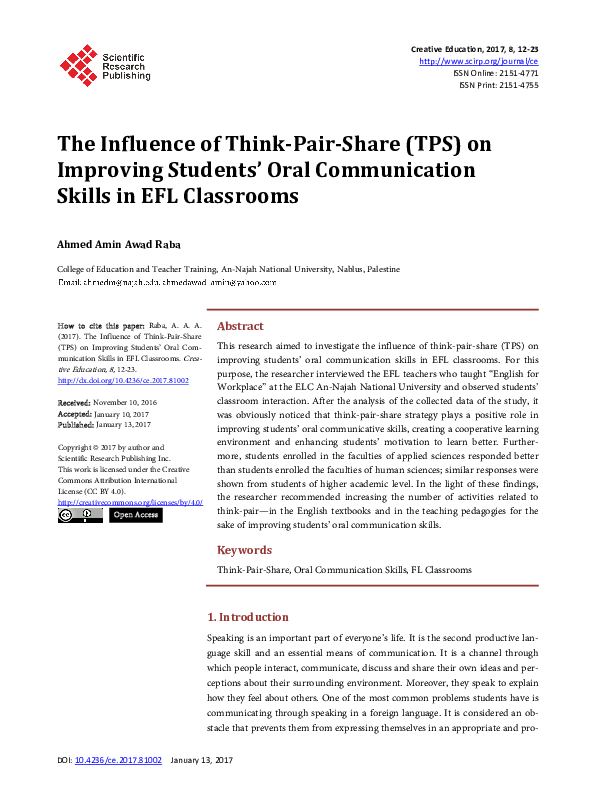 (PDF) The Influence of Think-Pair-Share (TPS) on Improving Students ...