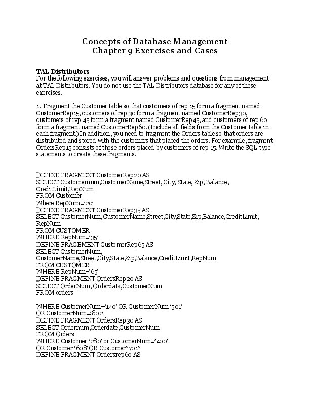 (DOC) Concepts of Database Management Chapter 9 Exercises and Cases