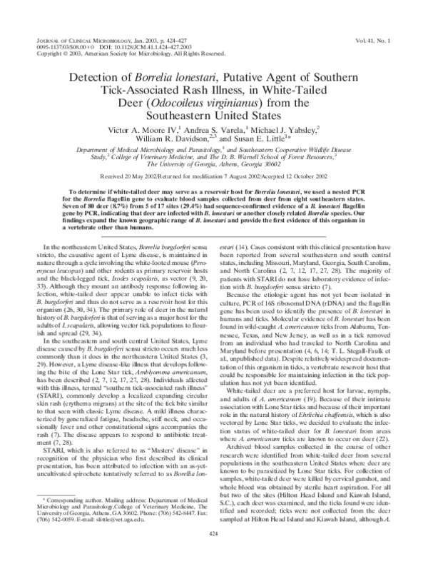 (PDF) Detection of Borrelia lonestari, putative agent of southern tick ...