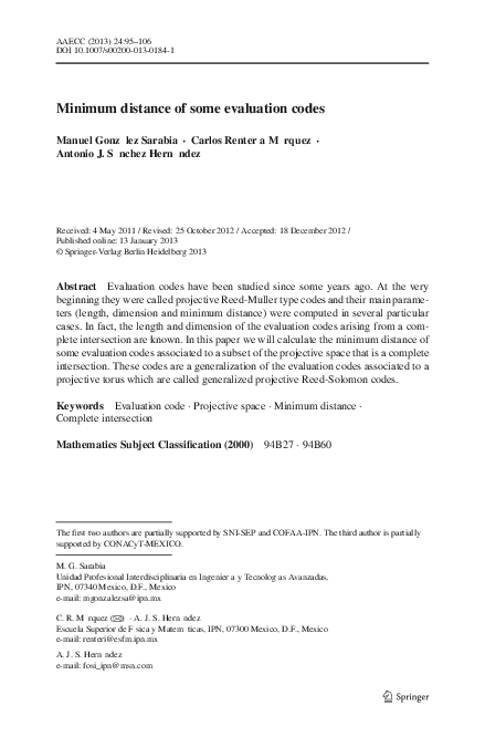 (PDF) Minimum distance of some evaluation codes