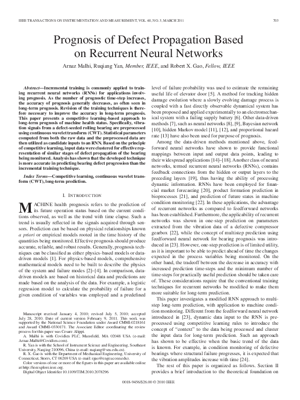 Pdf Prognosis Of Defect Propagation Based On Recurrent Neural Networks Ruqiang Yan