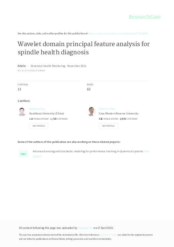 (PDF) Wavelet domain principal feature analysis for spindle health diagnosis