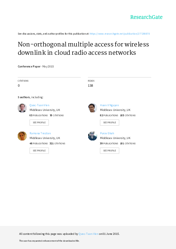(PDF) NonOrthogonal Multiple Access for Wireless Downlink in Cloud Radio Access Networks