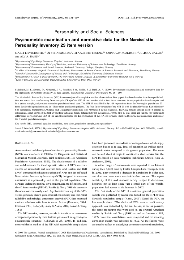 (PDF) Psychometric examination and normative data for the Narcissistic Personality Inventory 29 ...