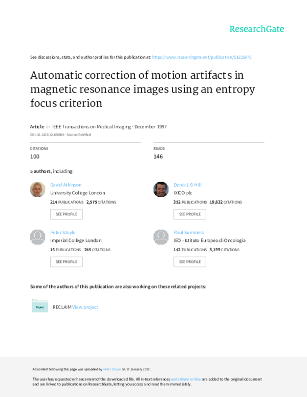 Pdf Automatic Correction Of Motion Artifacts In Magnetic Resonance Images Using An Entropy