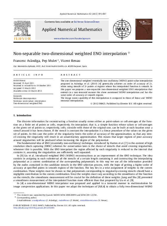 (PDF) Non-separable two-dimensional weighted ENO interpolation