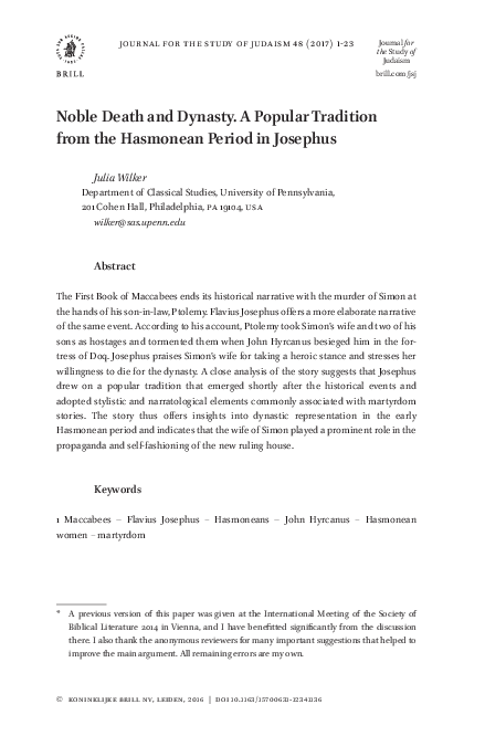 (PDF) Noble Death and Dynasty. A Popular Tradition from the Hasmonean ...