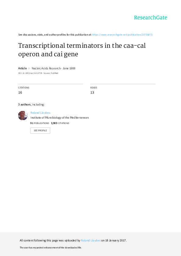 (PDF) Transcriptional terminators in the caa-cal operon and cai gene