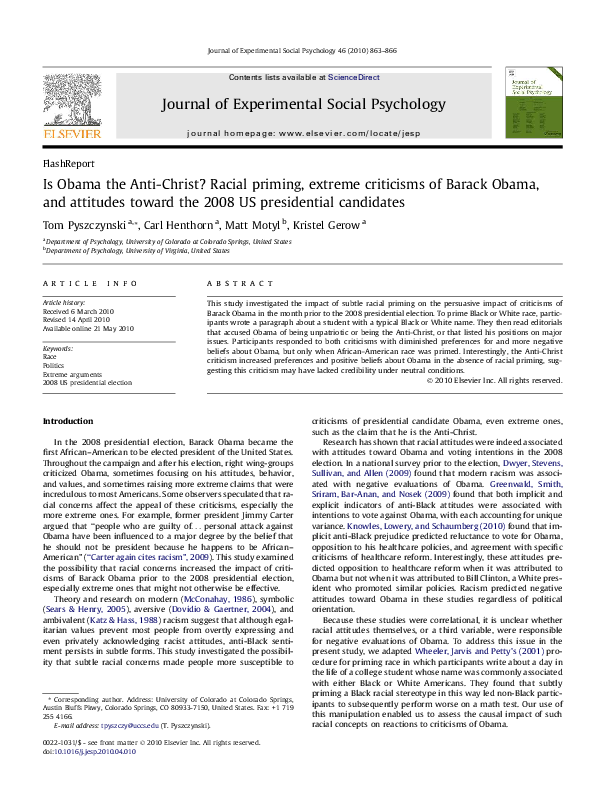 (PDF) Is Obama the Anti-Christ? Racial Priming, Extreme Criticisms of ...