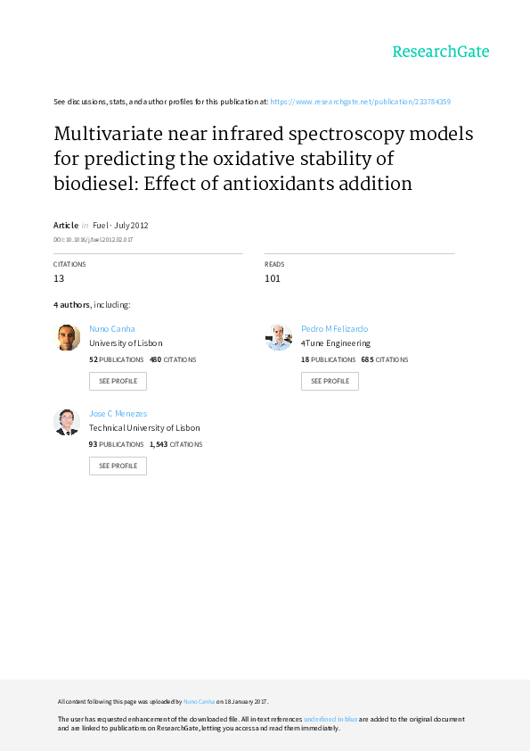 Pdf Multivariate Near Infrared Spectroscopy Models For Predicting Methanol And Water Content