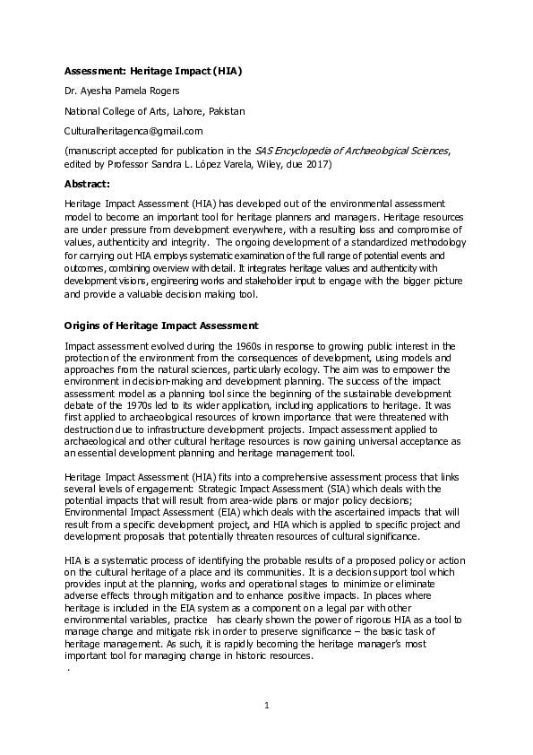 (PDF) Assessment: Heritage Impact (HIA) | Ayesha Pamela Rogers ...