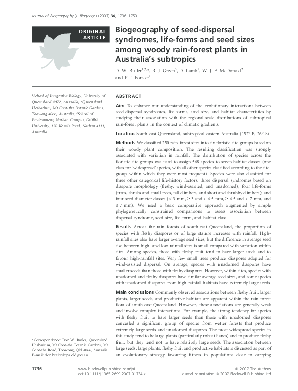 (PDF) Biogeography of Seed‐dispersal Syndromes, Life‐forms and Seed ...