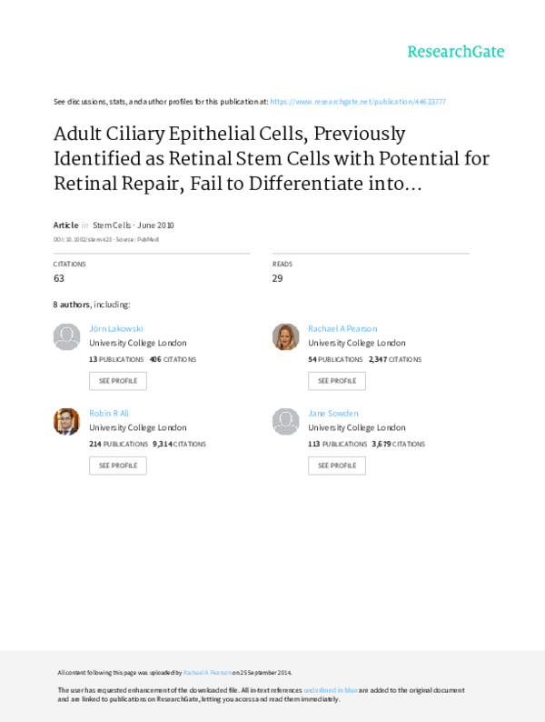 (PDF) Adult Ciliary Epithelial Cells, Previously Identified As Retinal ...