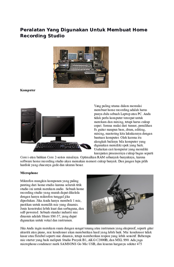 (DOC) Peralatan Yang Digunakan Untuk Membuat Home Recording Studio