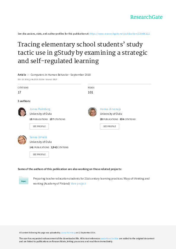 (PDF) Tracing Elementary School Students' Study Tactic Use In GStudy by ...