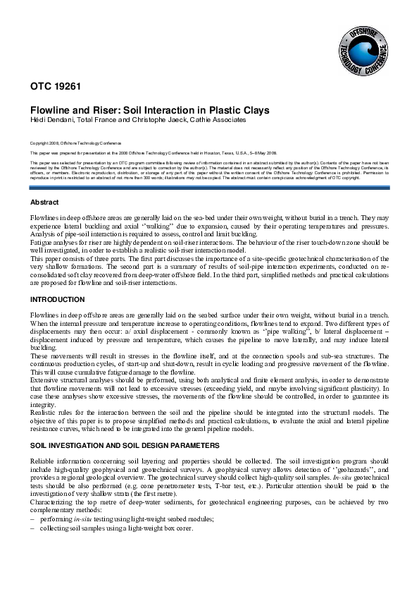 (PDF) OTC 19261 Flowline and Riser: Soil Interaction in Plastic Clays