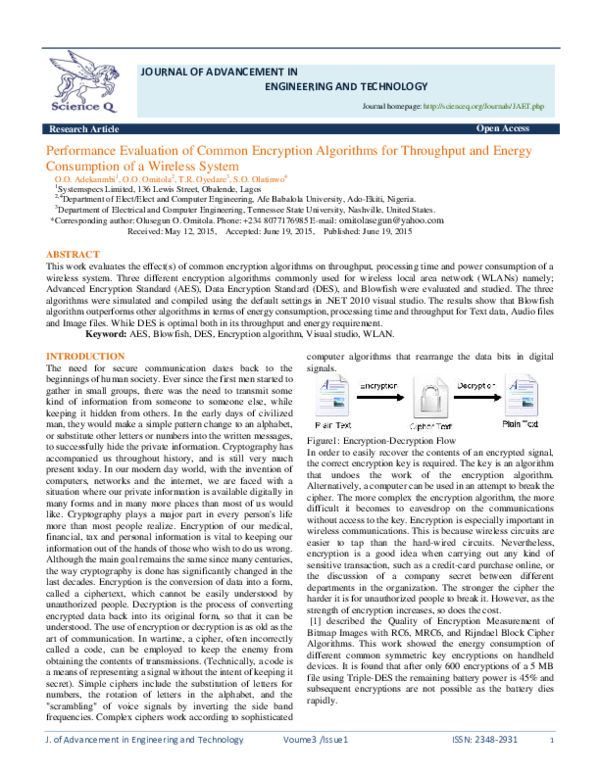 Pdf Performance Evaluation Of Common Encryption Algorithms For Throughput And Energy
