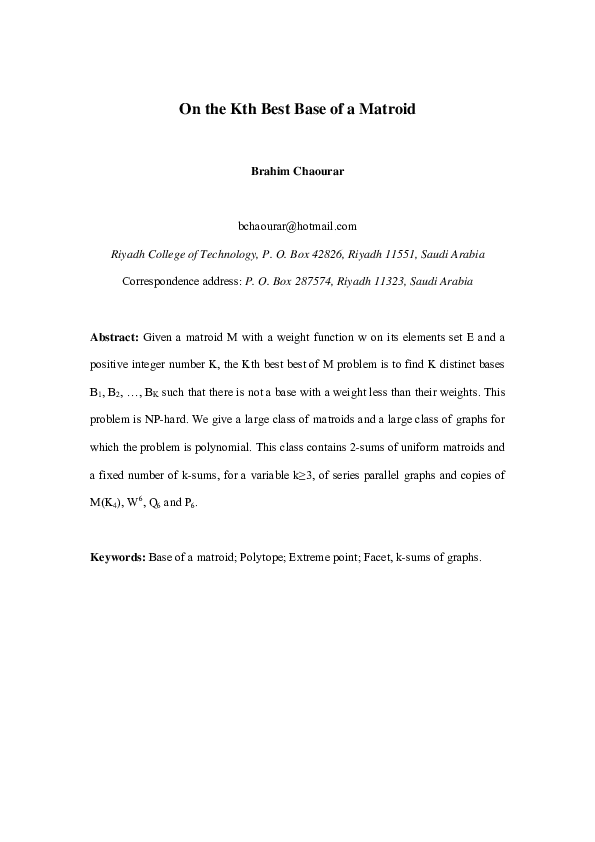 (PDF) On the Kth Best Base of a Matroid