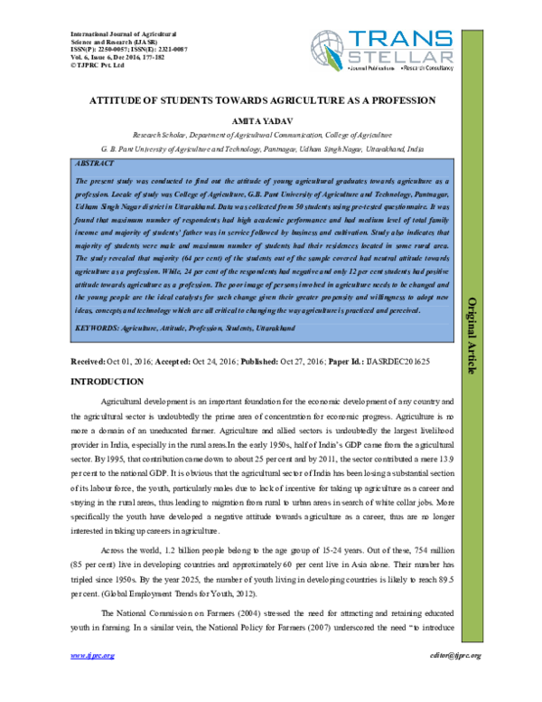 (PDF) ATTITUDE OF STUDENTS TOWARDS AGRICULTURE AS A PROFESSION