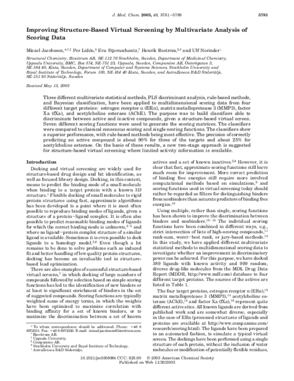 Pdf Improving Structure Based Virtual Screening By Multivariate Analysis Of Scoring Data