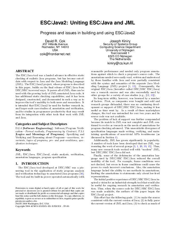 (PDF) ESC/Java2: Uniting ESC/Java and JML: Progress and Issues In Building and Using ESC/Java2 ...