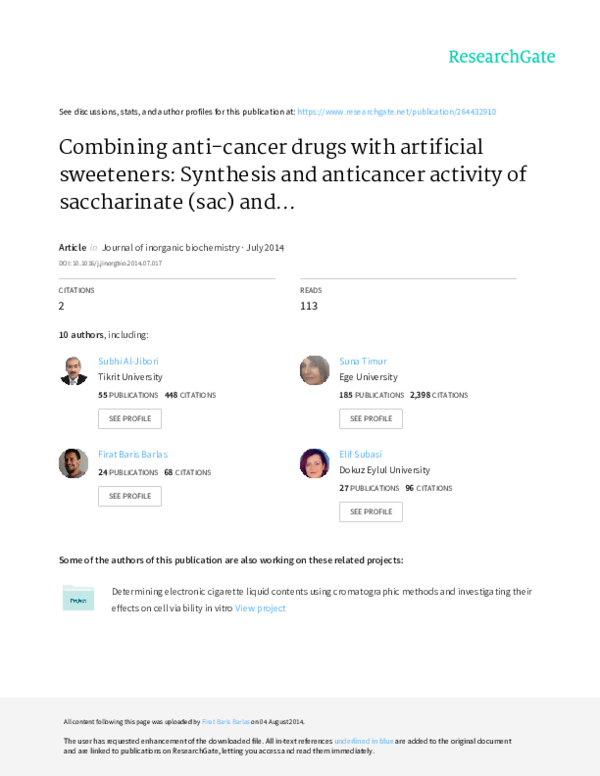 (PDF) Combining anti-cancer drugs with artificial sweeteners: Synthesis and anti-cancer activity ...