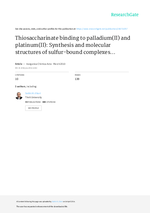 (PDF) Thiosaccharinate binding to palladium(II) and platinum(II): Synthesis and molecular ...