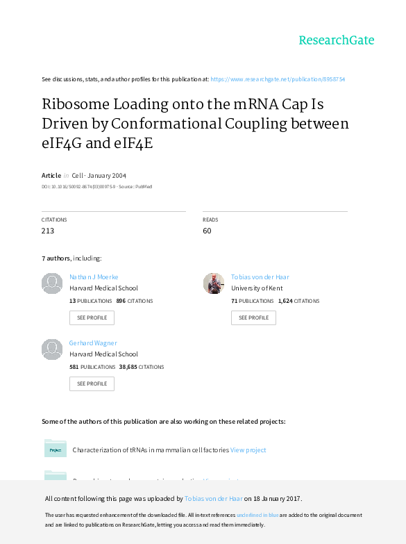 (PDF) Ribosome Loading Onto the MRNA Cap is Driven by Conformational ...