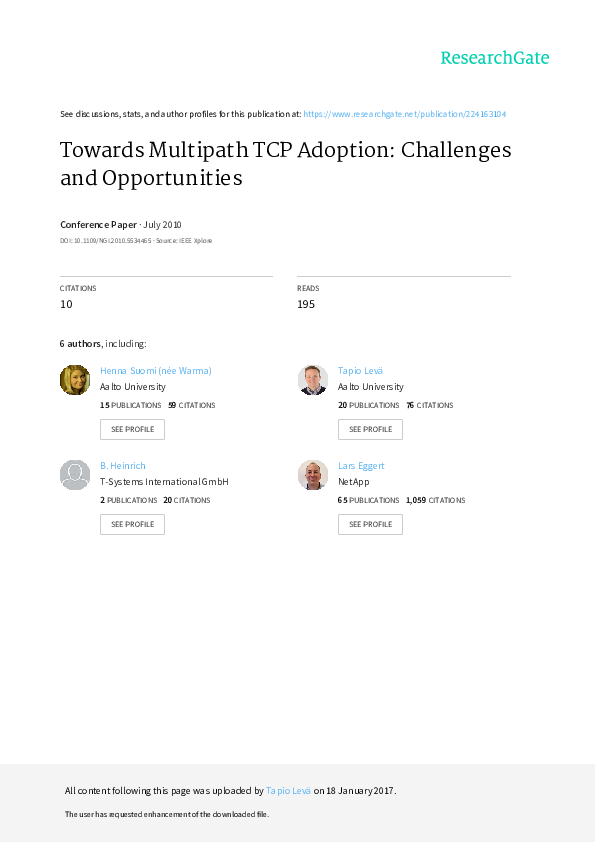 (PDF) Towards Multipath TCP Adoption: Challenges and Opportunities